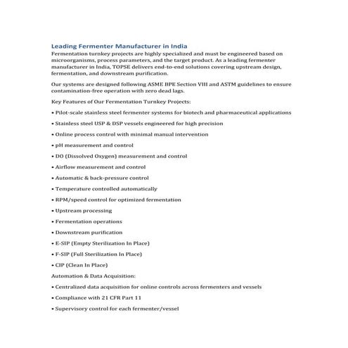 Leading Fermenter Manufacturer in India | Turnkey Fermentation Systems ...