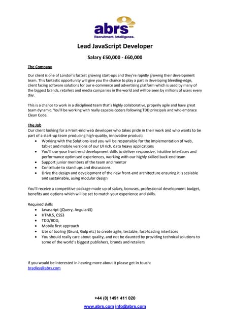 Lead Javascript Developer Start Up London Pdf Free Download