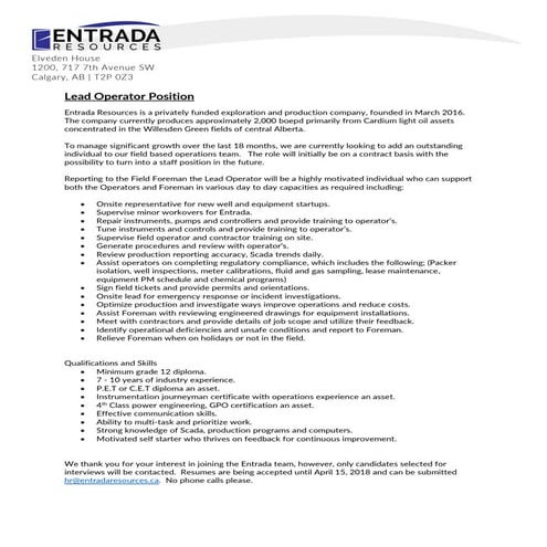 Hiring a Lead Operator - April 2018 | PDF