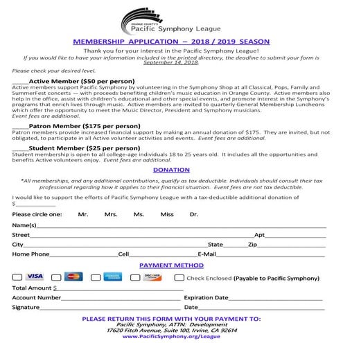 Pacific Symphony League Membership Application - 2018 -2019 | PDF