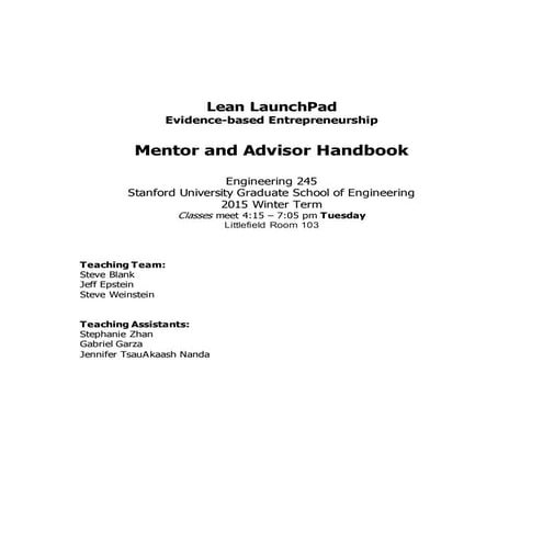 Mentor Guide for the Lean LaunchPad Course | DOCX | Startups | Business