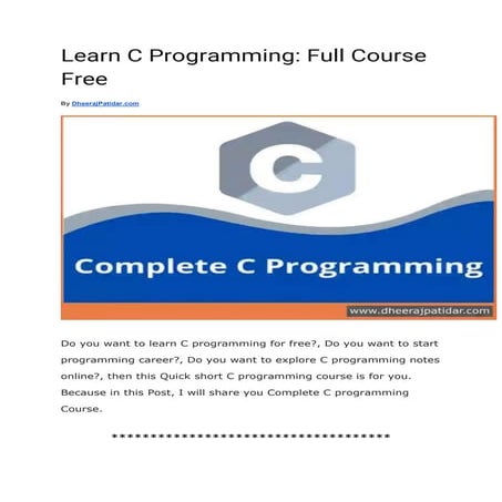 Learn C Programming Full Course Free Pdf