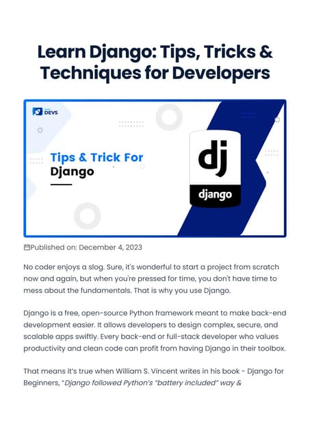 Learn Django Tips Tricks And Techniques For Developers Pdf