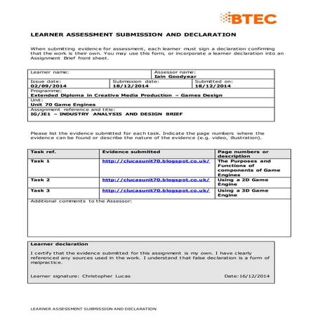 Learner assessment submission declaration | DOCX | Educational Assessment | Education