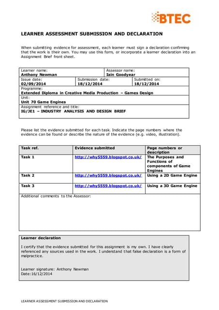 Learner assessment submission declaration | DOCX | Educational Assessment | Education
