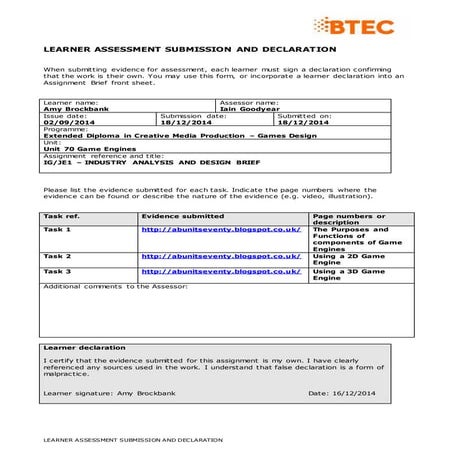 Learner assessment submission declaration | DOCX | Education