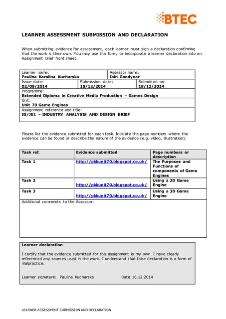 Learner assessment submission declaration | DOCX | Educational Assessment | Education
