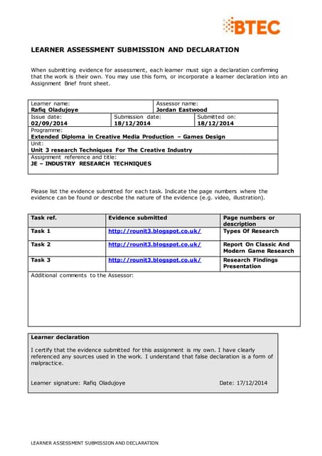 Learner assessment submission declaration | DOCX | Educational Assessment | Education