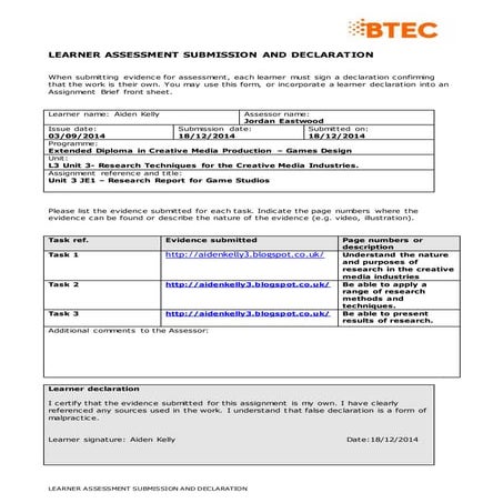 Learner Assessment Submission Declaration