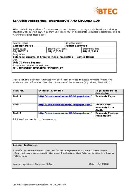 Learner assessment submission declaration | DOCX | Educational Assessment | Education
