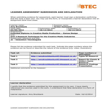 Learner assessment submission declaration research techniques | DOCX | Educational Assessment ...