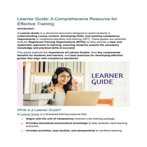 Learner Guide for RTOs: Structure, Benefits & Best Practices | PDF