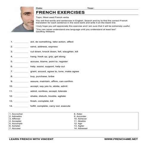 Learn french # exercises # the most used verbs in french language | PDF