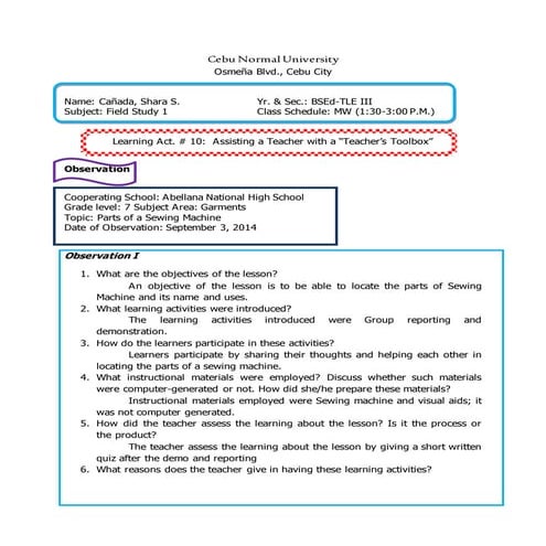 Learning act# 10 assisting a teacher with a teacher s toolbox | DOCX