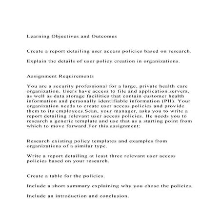 Learning Objectives and OutcomesCreate a report detailing .docx