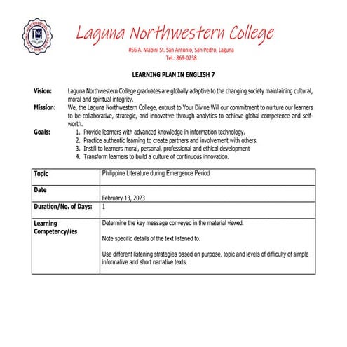 LEARNING PLAN GRADE 7.docx | Educational Assessment | Education