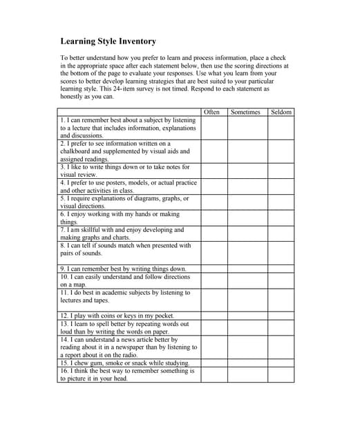 Learning styles questionnaire | PDF