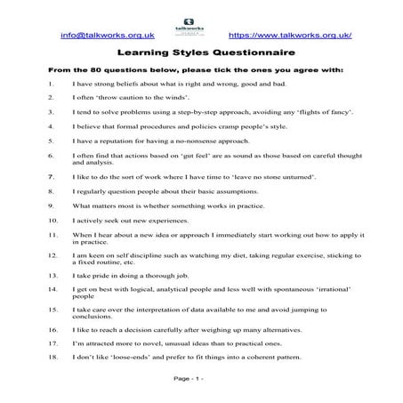 FREE - Learning Styles Questionnaire with analysis | PDF
