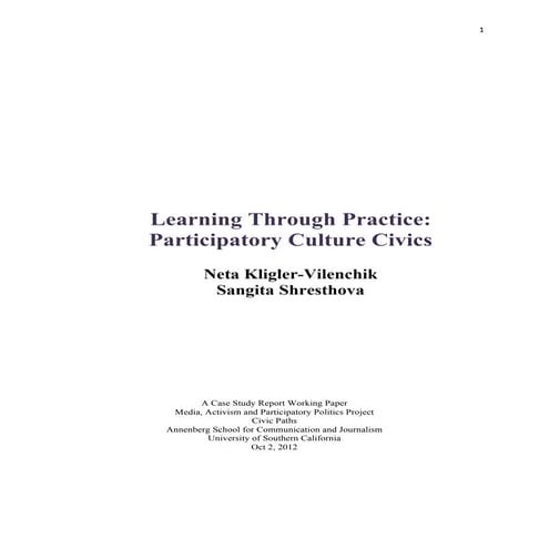 Learning through practice kligler shresthova-oct-2-2012 | PDF | Civic ...