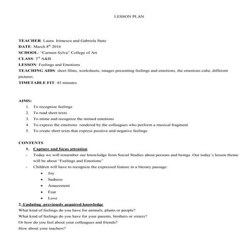 Feelings and emotions Elem RO1 | PDF