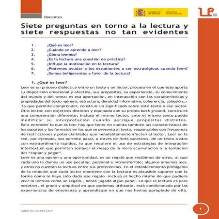 Lectura Siete Preguntas En Torno A La Lectura | PDF