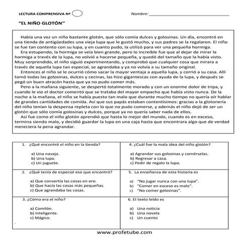 Lectura Comprensiva El Niño Glotón (http://www.profetube.com) | DOC