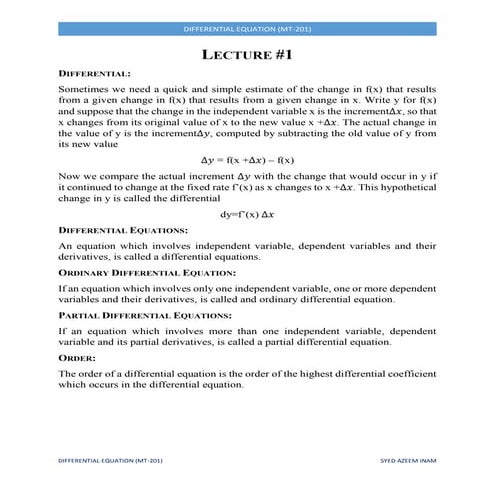 Differential Equation Lecture 1 Pdf Physics Science