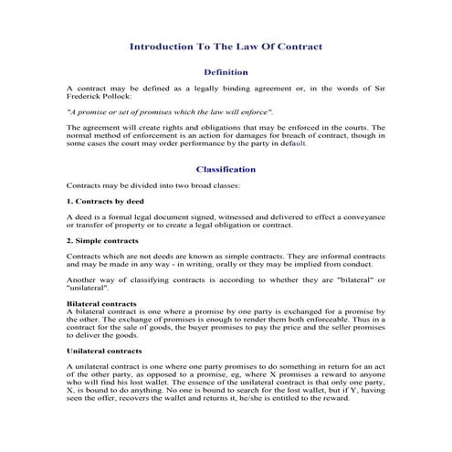 Lecture 1 introduction to the law of contract | DOCX