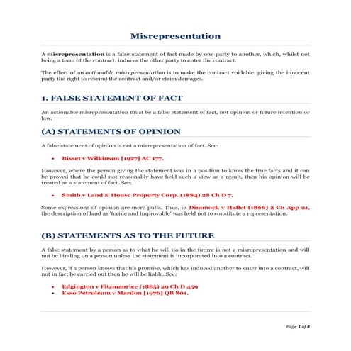 Lecture 11 misrepresentation - notes | DOCX