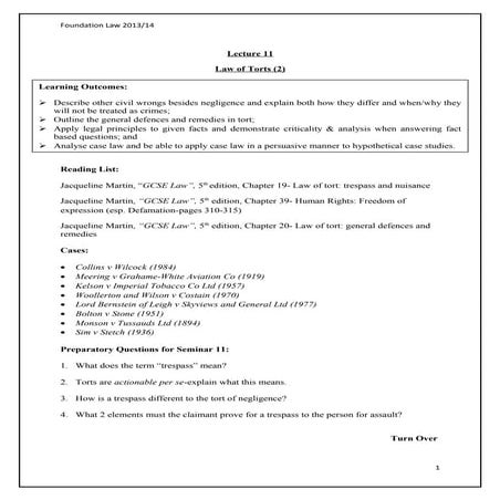 Lecture 11 handout law of torts | DOC