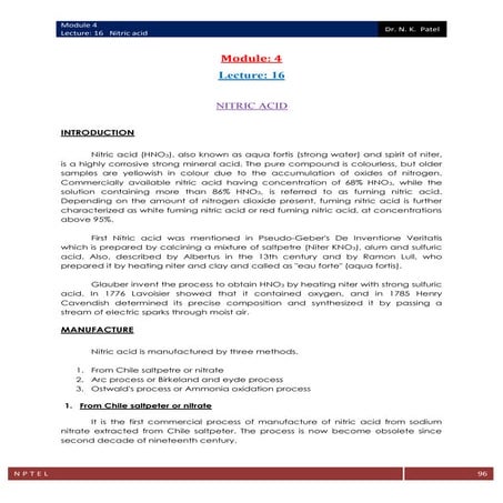 Lecture 16- Manufacture of nitric acid from chile saltpetre or nitrate HNO3.pdf