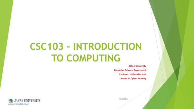 Lecture 1 introduction to computing | PPTX Lecture 1 introduction to computing | PPTX