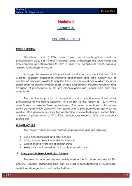 Phosphoric acid [CHEMICAL PROCESSS INDUSTRIES] | PPTX
