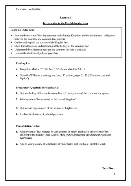 Seminar 2 the common law system | DOCX
