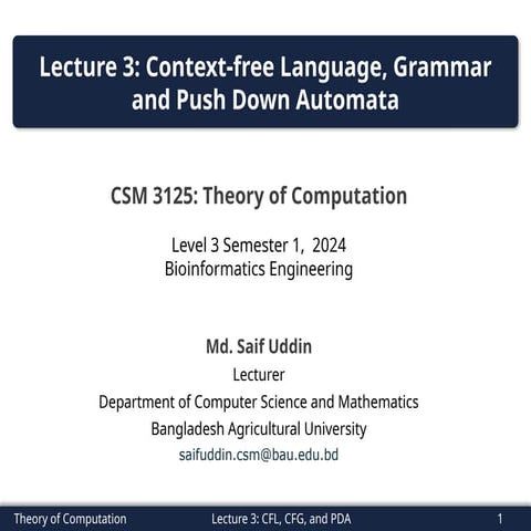 Context-free Language, Grammar and Push Down Automata | PPTX