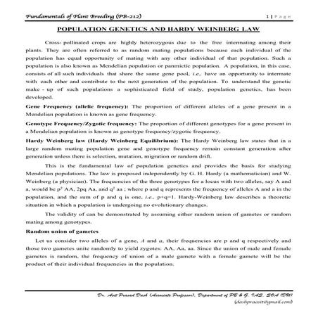 Population Genetics and Hardy Weinberg Law for B.Sc. (Ag.) | PDF