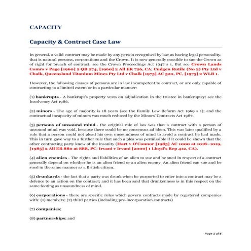 Lecture 9 capacity - notes and cases | DOCX
