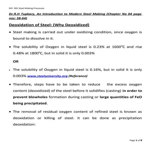Steel Making: Lecture deoxidation | DOC