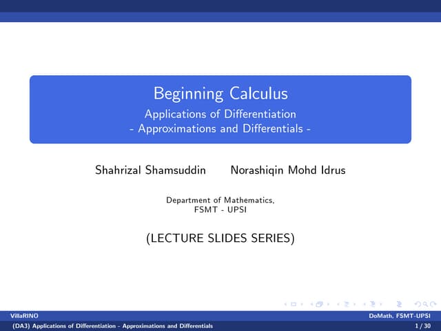 Benginning Calculus Lecture Notes 8 Linear Quadratic Approximation Ppt