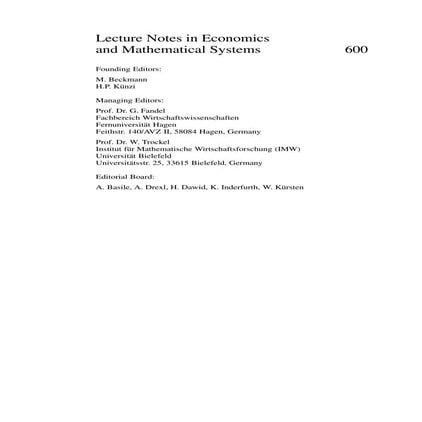 Lecture Notes In Economics And Mathematical Systems 600 Ralf
