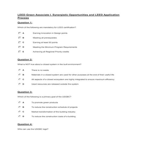 Leed green associate i. synergistic opportunities and leed application ...