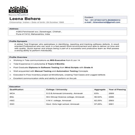 Leena resume for testing | DOC