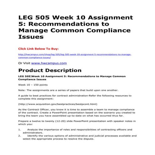 Leg 505 week 10 assignment 5 recommendations to manage common compliance issues | PDF