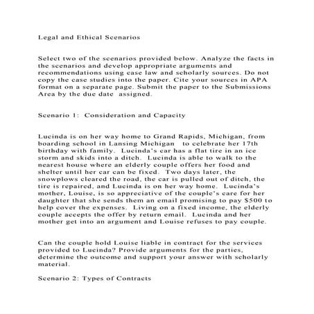 Legal and Ethical ScenariosSelect two of the scenarios provide.docx
