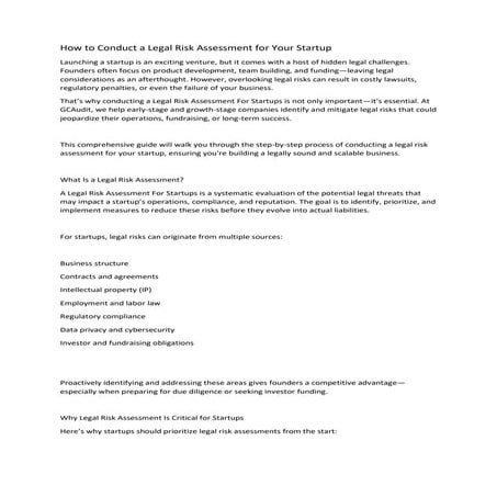 Legal Risk Assessment For Startups | PDF
