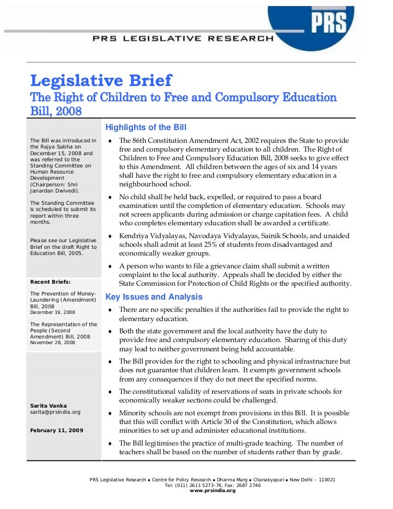 Legislative Brief The Right To Education Bill 2008