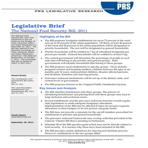 Legislative brief national food security bill 2011 | PDF