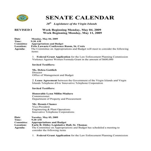 Legislative Calendar Weekending 051509 | PDF