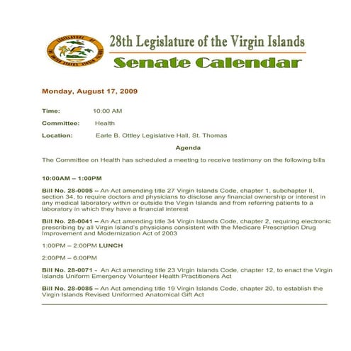Legislative Calendar Weekending 082109 | PDF | Law