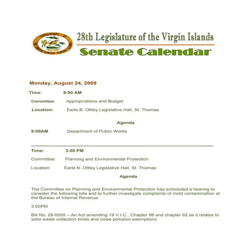 Legislative Calendar Weekending 082809 | PDF